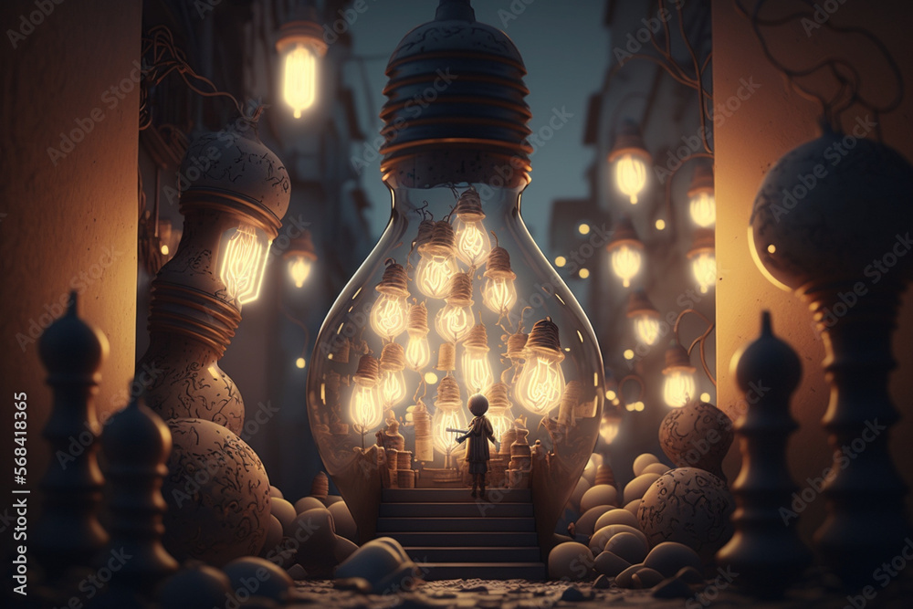 a person standing in front of a light bulb, a 3D render by Mike ...