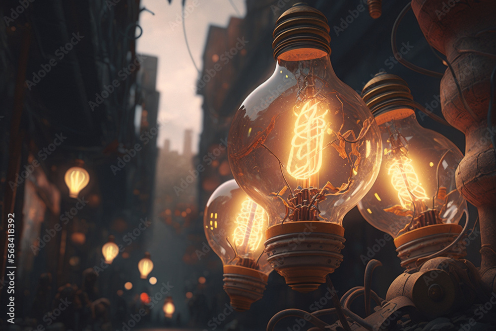 a person standing in front of a light bulb, a 3D render by Mike ...