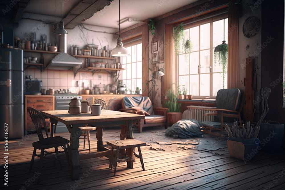 a kitchen with a table and chairs in it, a 3D render by senior ...