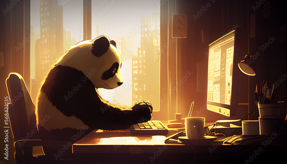 Sad tired panda bear working on the computer. Burnout at work concept ...