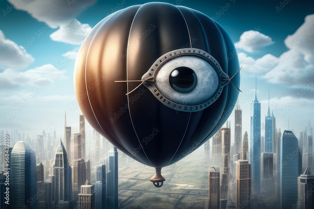 Spy balloon over a large city, data surveillance and monitor concept ...