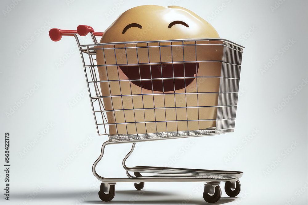 Shopping for products online concept. Smiley face in a red cart. Saving ...