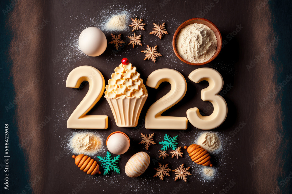 On a black table with baking supplies, ingredients, and Christmas tree ...