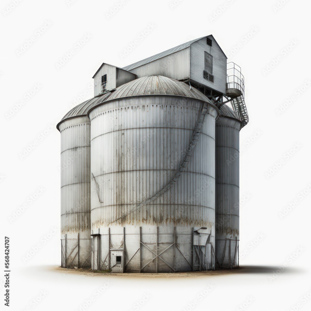 Detailed illustration of a large industrial grain silo for agricultural ...