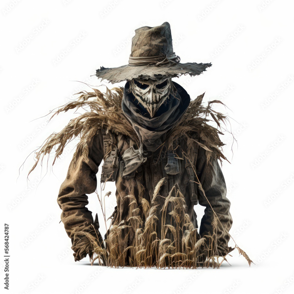 Detailed illustration of a scary creepy scarecrow in a corn field ...