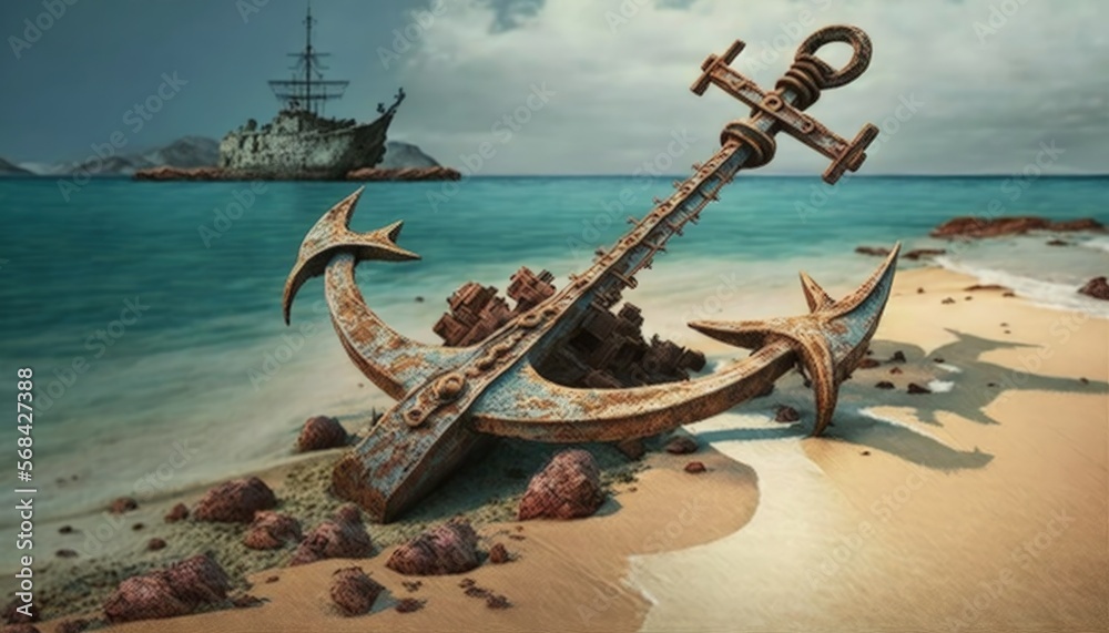 Old and rusty anchor of a pirate ship on the beach of an island, sea in ...