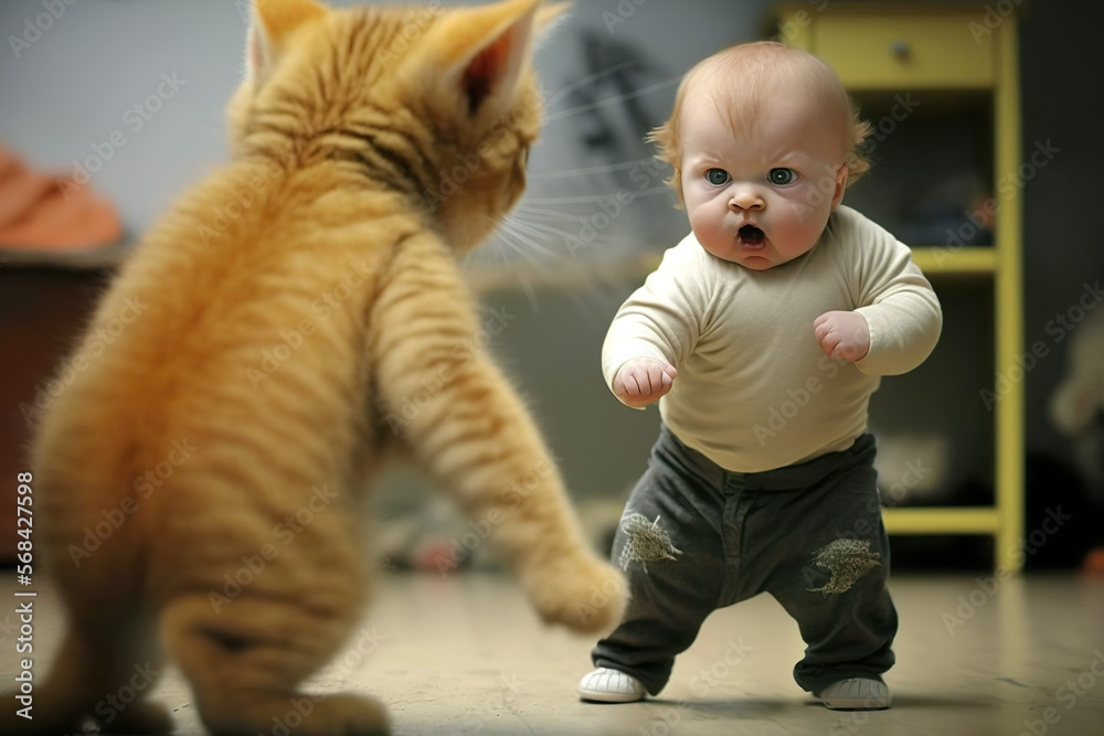Child and cat fight. An imagined cat, child fight art. Image generated ...