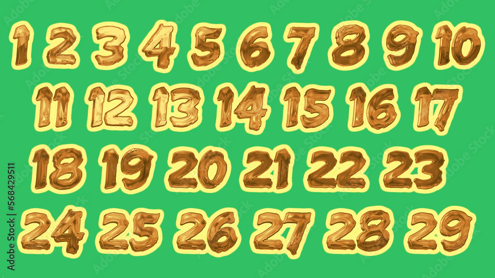 Number set 1-29 in gold color, modern dynamic flat design with ...