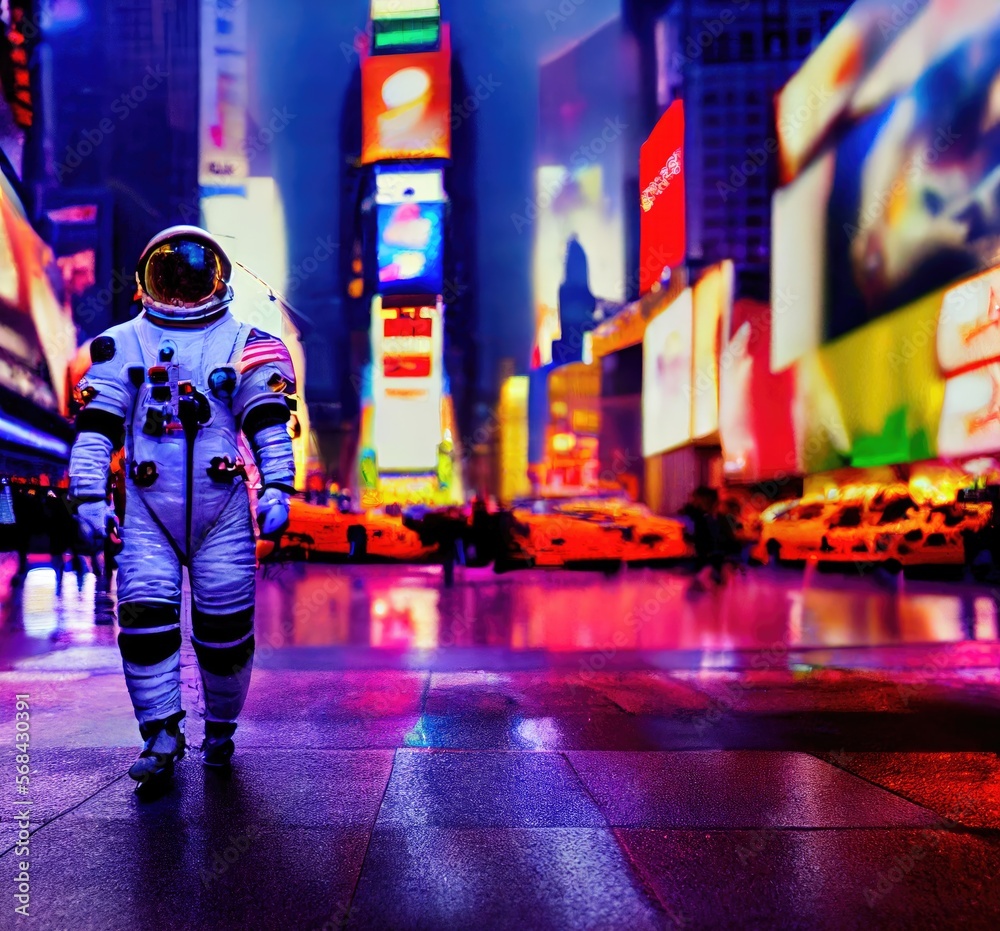 An astronaut on walking through times square New York City at night ...