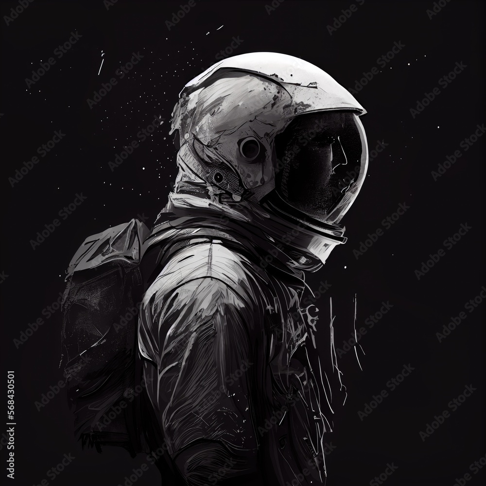 Astronaut, skinny, war-torn, tall, faceless, helmet, dispair, drawing ...