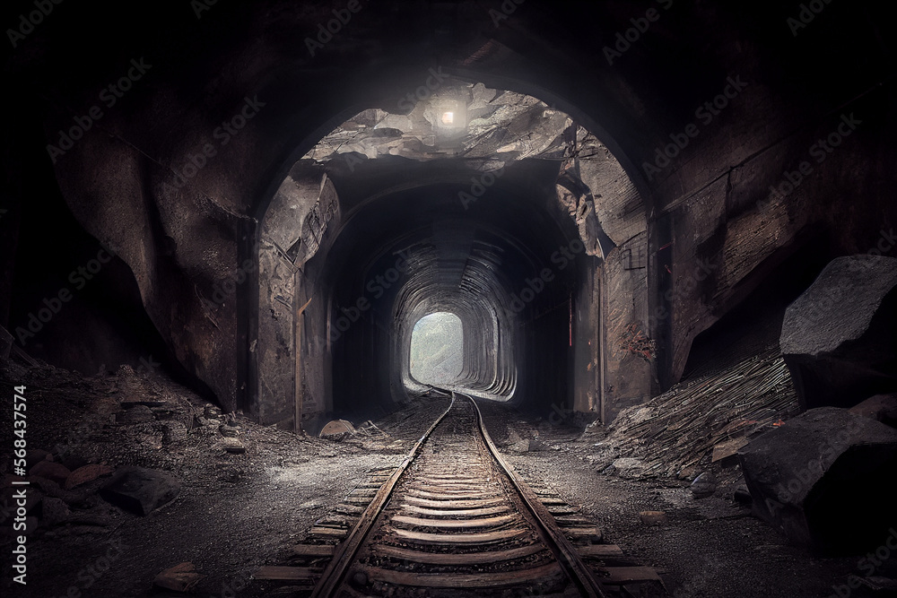 A large underground tunnel with a railway, tram, tram tracks, abandoned ...