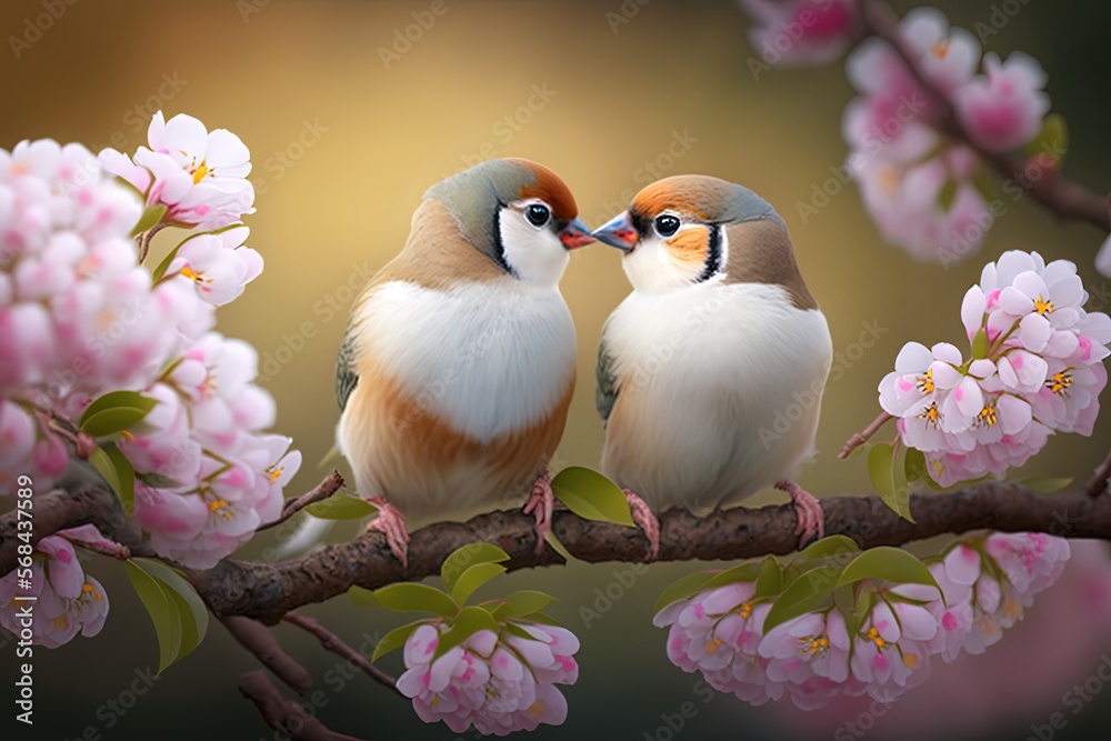 close up cute couple finch bird cuddle each other during warm spring ...