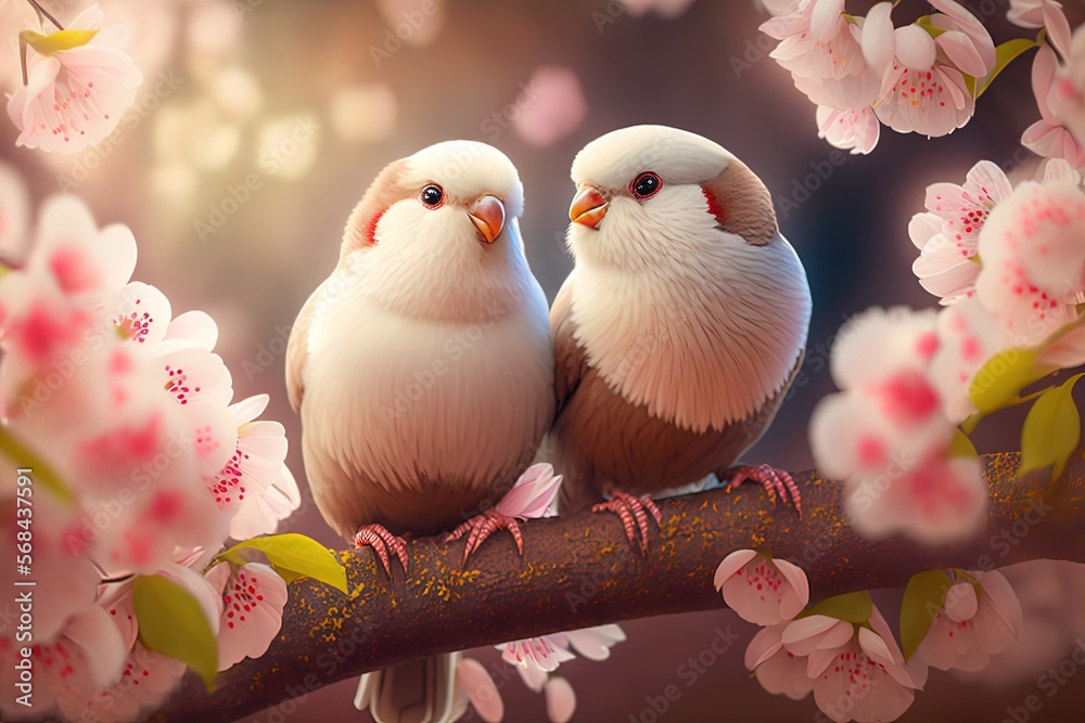 close up cute couple finch bird cuddle each other during warm spring ...
