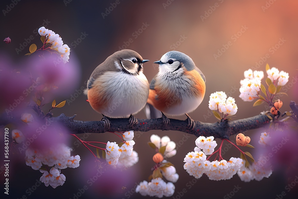 close up cute couple sparrow bird cuddle each other during warm spring ...