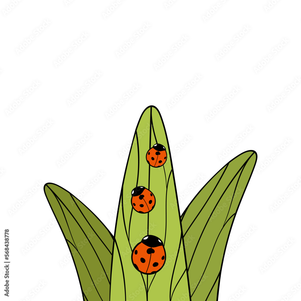 Cute ladybugs sit on the leaves of a plant. Flat cartoon vector ...