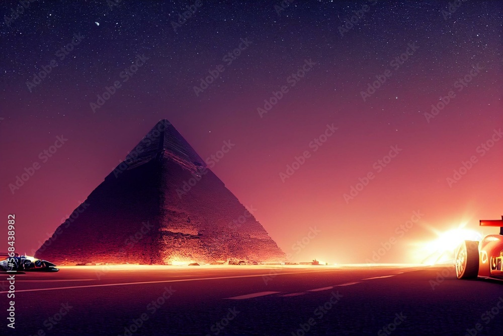 Racing car at the great pyramid under the stars. Generative AI Stock ...