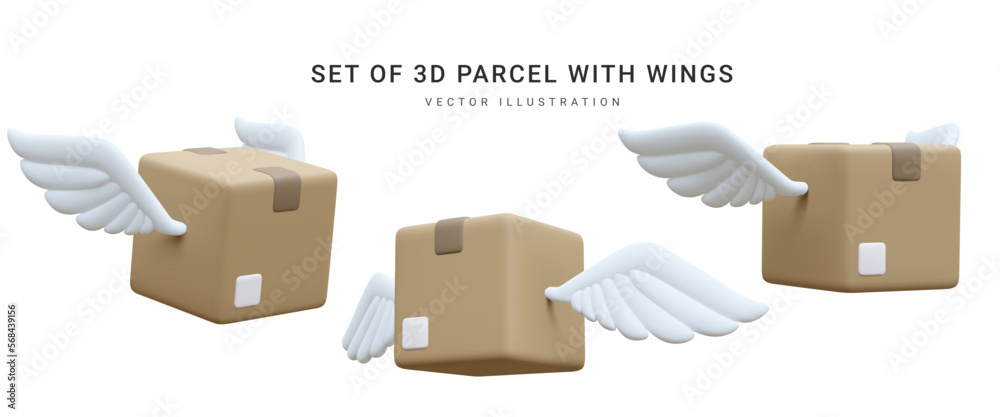 Set of 3d realistic parcel with wings isolated on white background ...