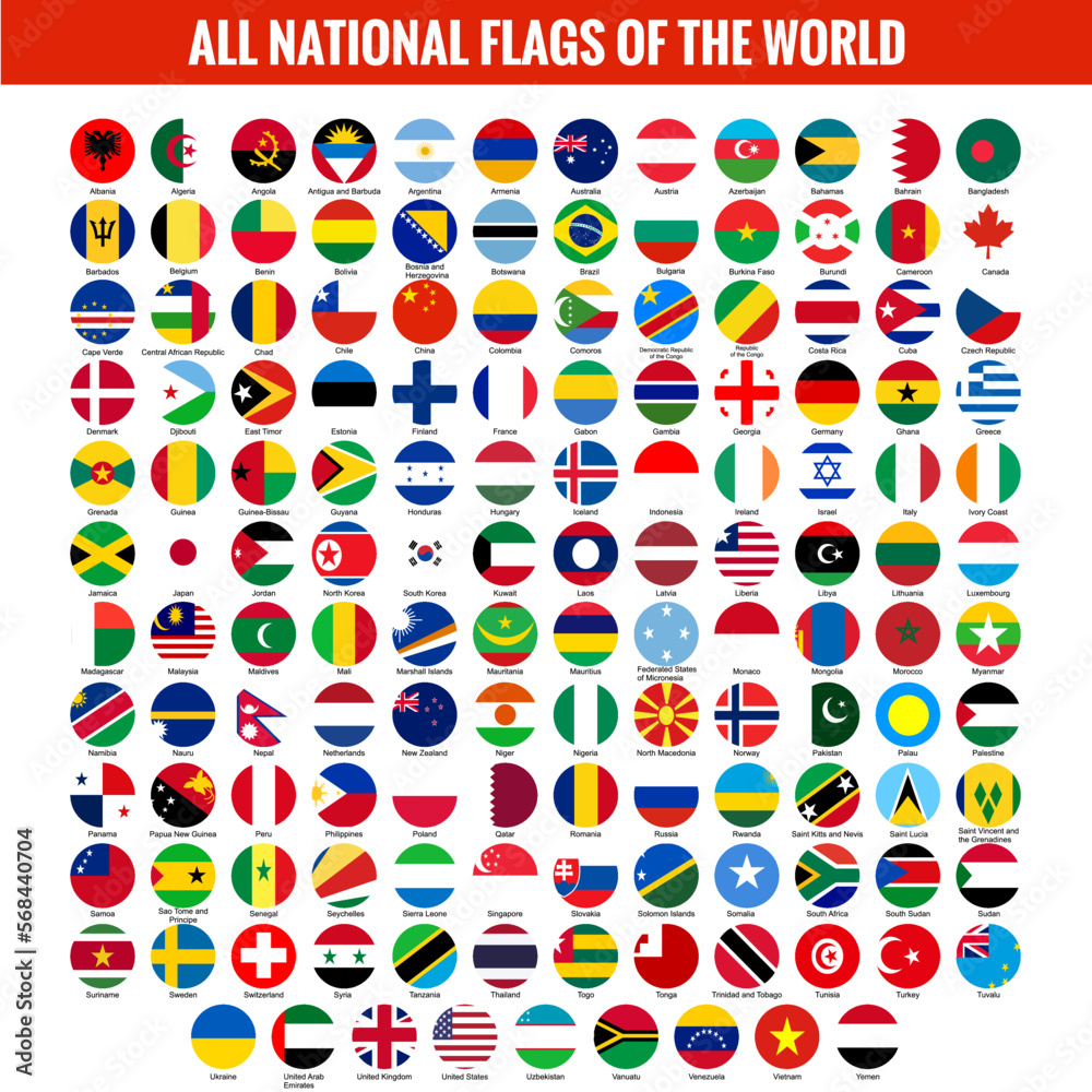 All world round flags icon, vector set of national flags of whole world ...