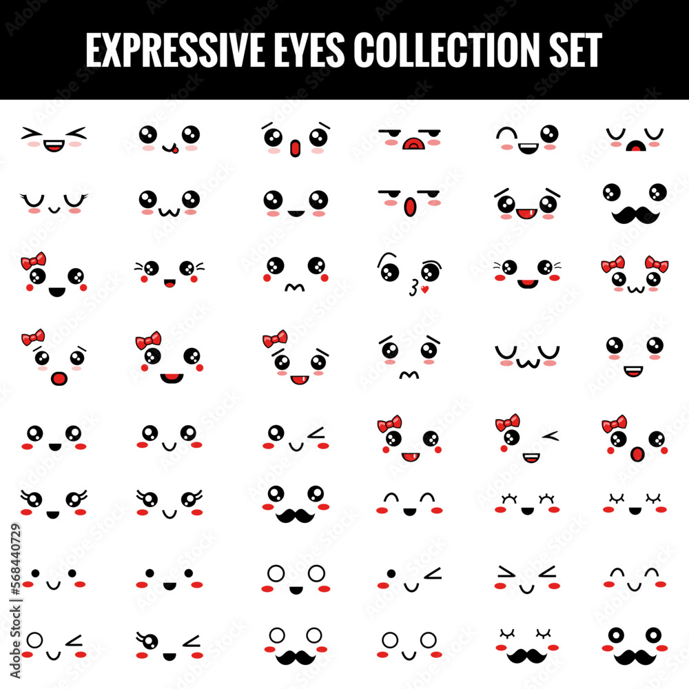 Kawaii faces. Cute eyes, expressive emotional face, and Japanese style ...