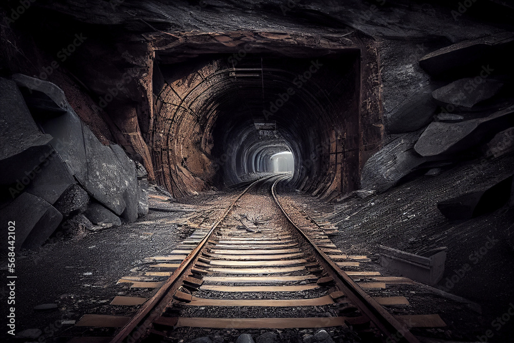 A large underground tunnel with a railway, tram, tram tracks, abandoned, old without people ...