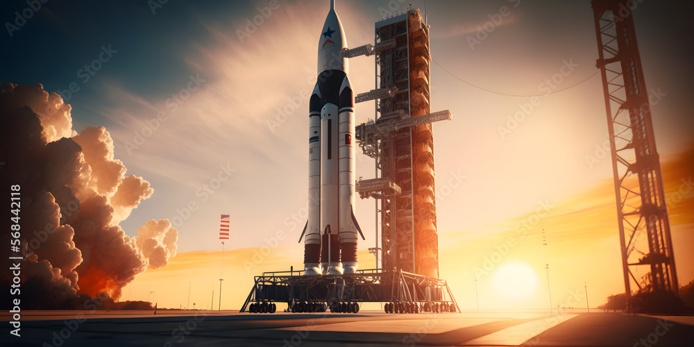 Rocket at a Launch Pad, Beautiful Sunset Spaceship Start Banner ...