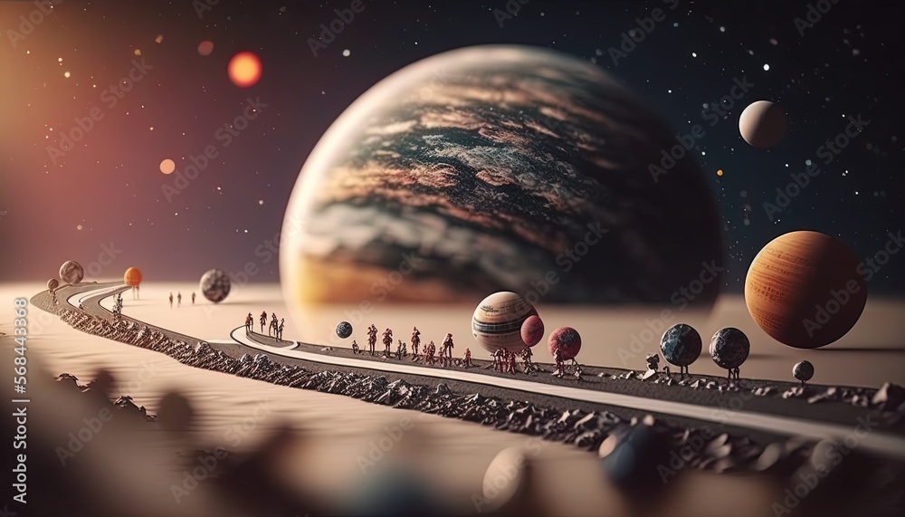 miniature, crowd of people around star planets, concept idea of space ...