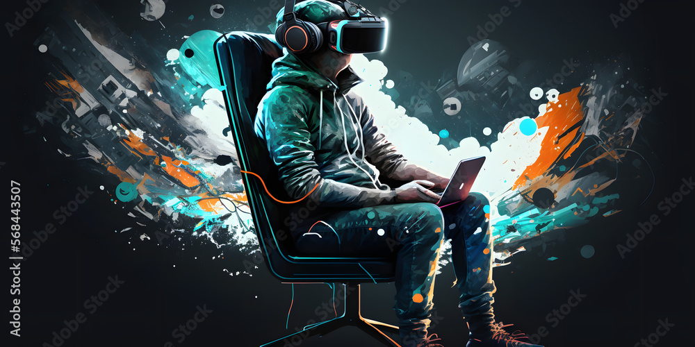 young man sitting on chair wearing a VR headset, concept art of digital ...