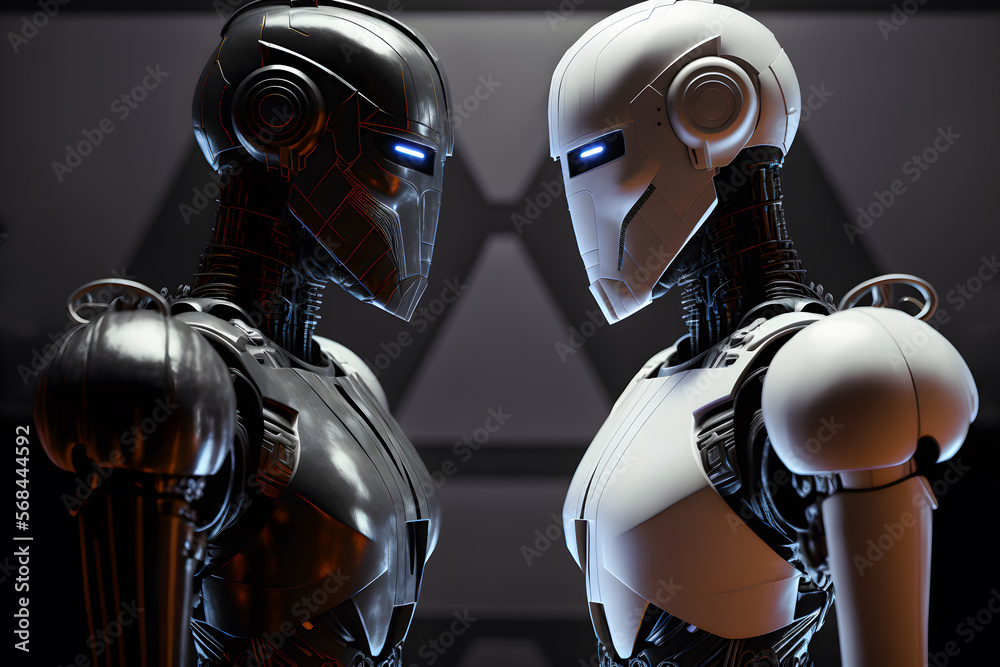 Black and white robots look at each other with shining eyes. The ...