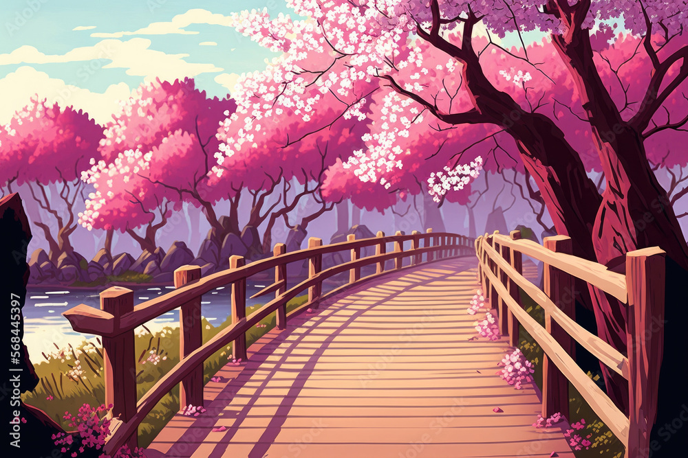 At the end of a wooden bridge in Park, Japan, stunning pink cherry ...