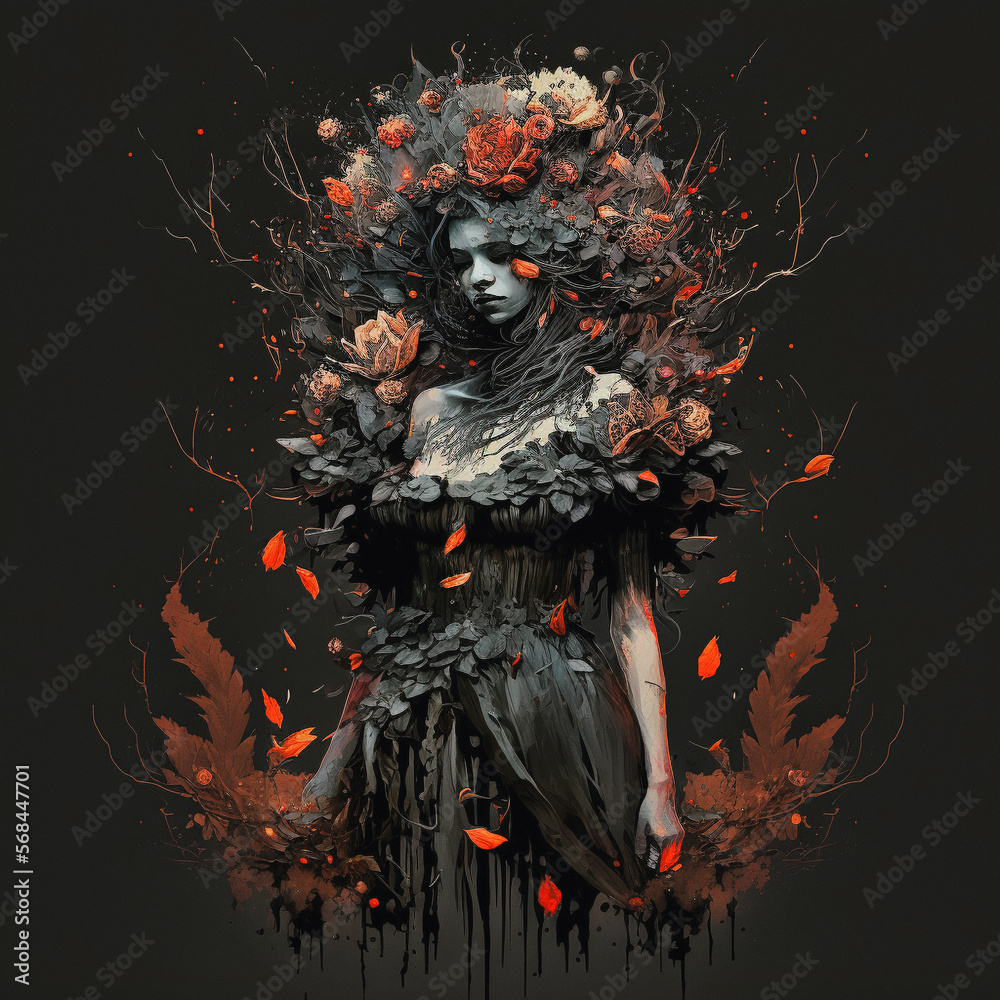 art, warlord dark colors, psychology, gothic, flower shower, full body ...