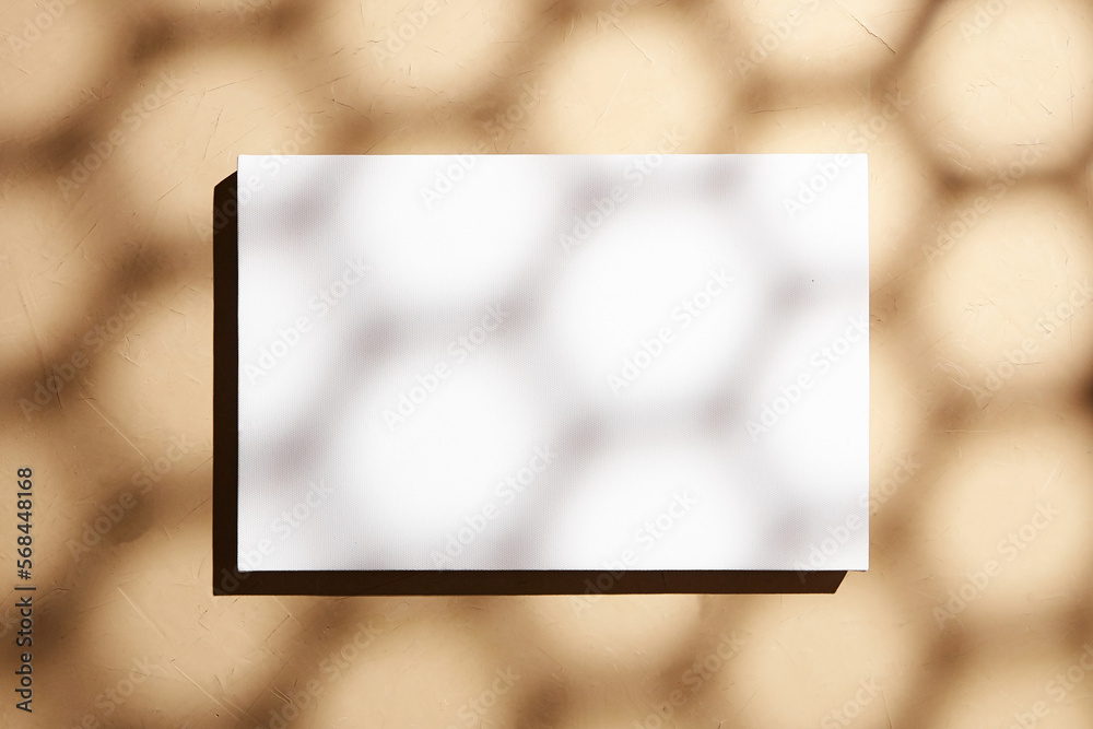 White canvas, blank picture mockup hanging on beige wall with dark ...
