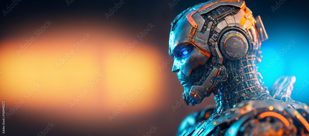 Artificial intelligence, cyber robot man background blue. Digital ...