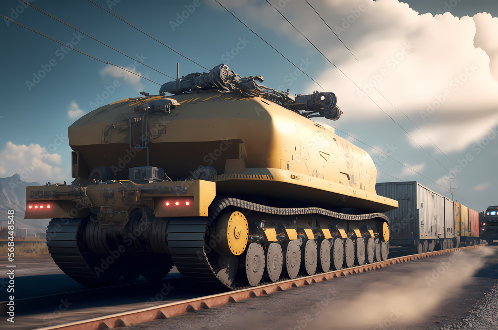 Transportation by train echelon of military equipment with battle tanks ...