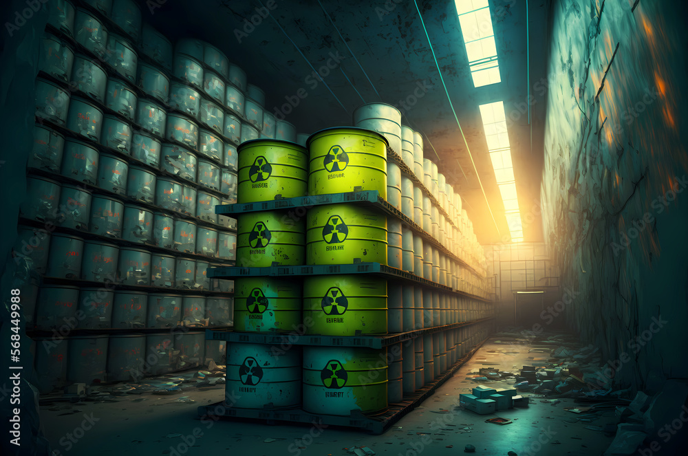 Storage for Yellow barrels for radiation waste. Concept warehouse for ...