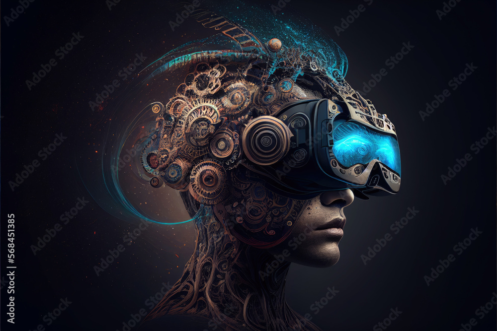 Steampunk cyborg wearing vr helmet on dark background. Virtual ...