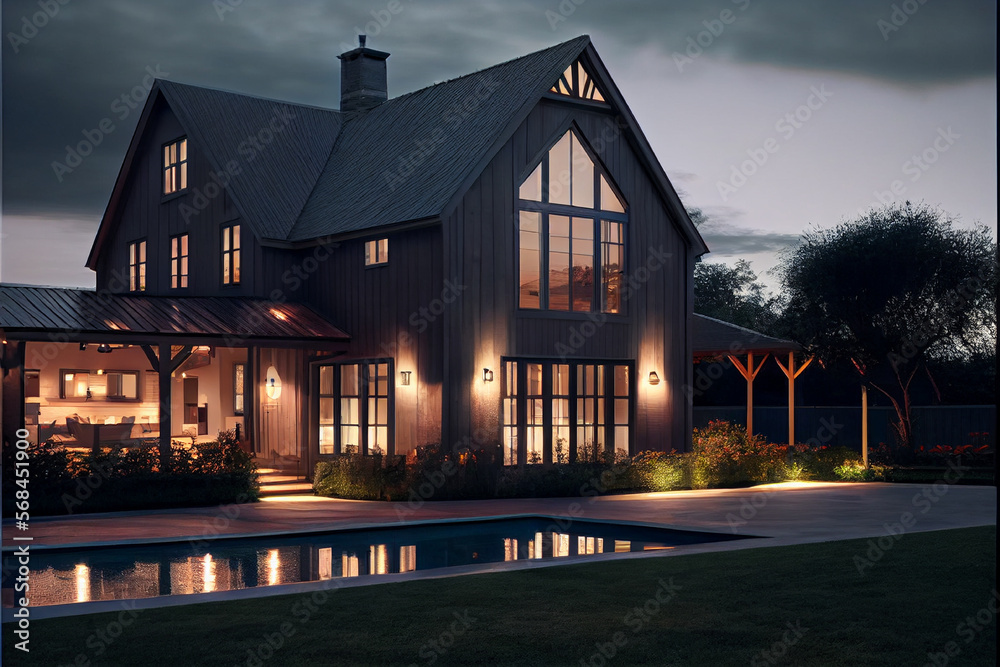 Exterior of a modern, luxurious and stylish farmhouse at night with a ...
