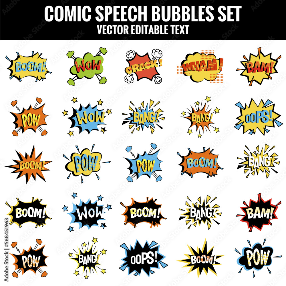 Comic speech bubbles set with different emotions and comic bubble speech text Wow, Omg, Gtfo ...
