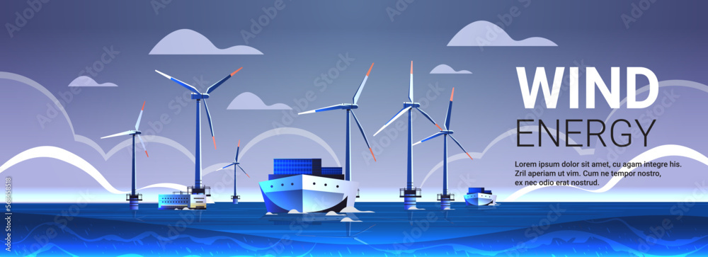 offshore wind farm with turbines and ship in sea or ocean renewable ...