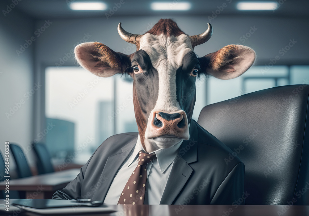 Portrait of cow in a business suit at the office.generative ai Stock ...