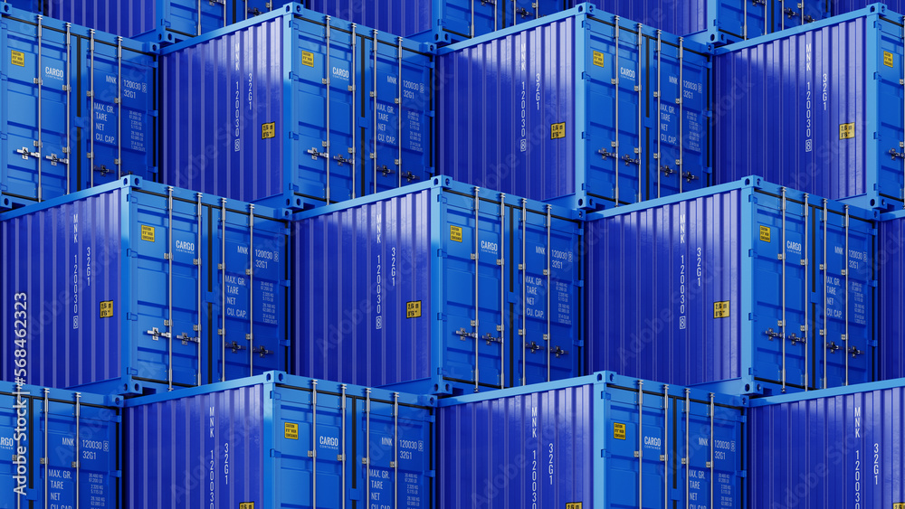 Freight blue containers in a harbor - 3d rendering Stock Illustration ...