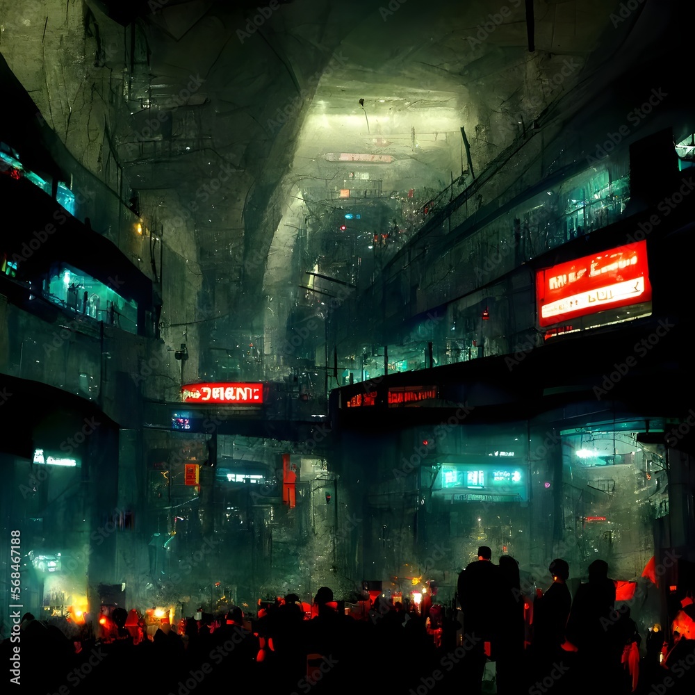 dark cyberpunk place underground with full of people Big crowd night ...