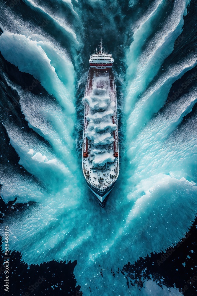 frozen ocean with waves and icebergs. Icebreaker ship. Stock ...