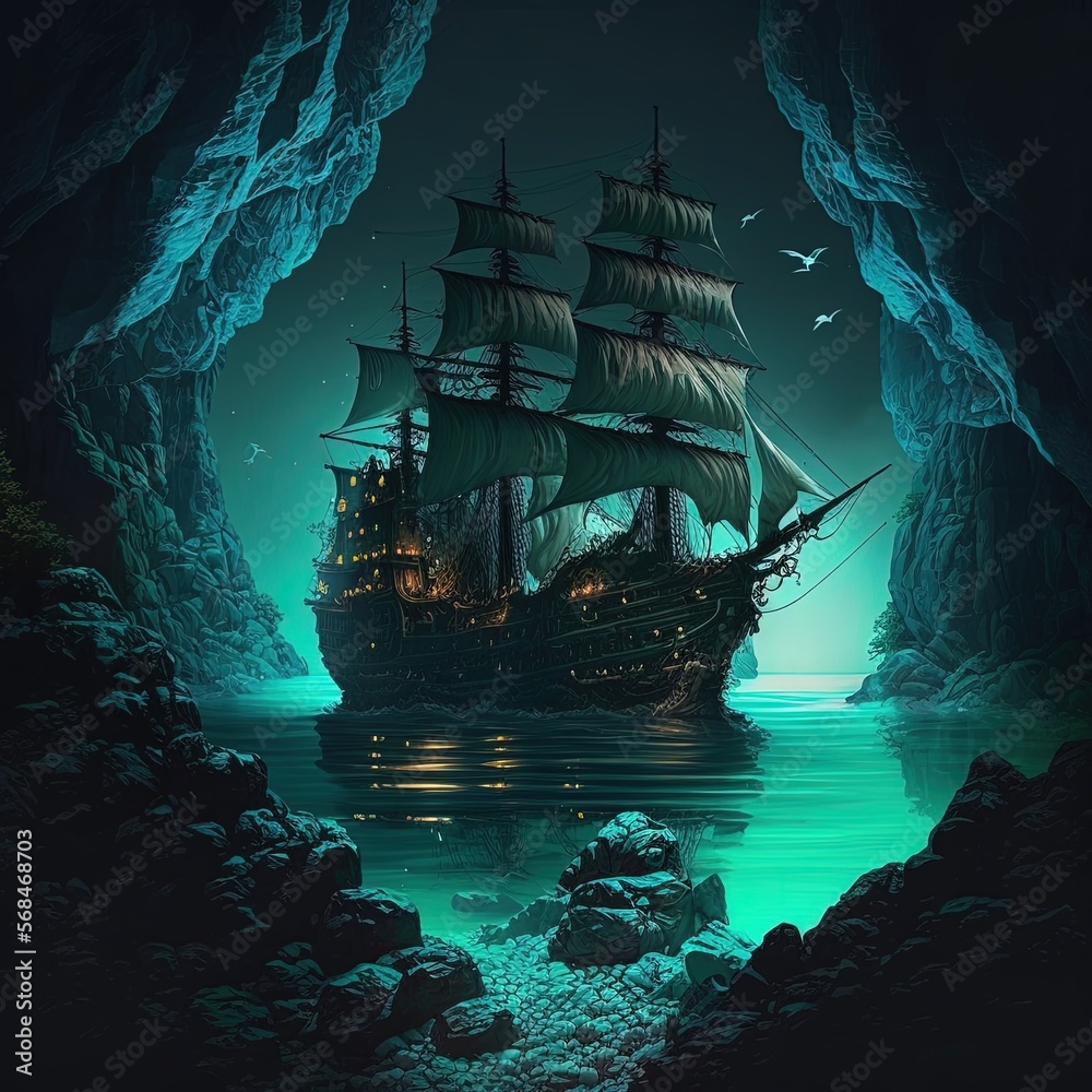 digital art, fantasy, medieval, landscape, horror, open ocean, calm ...