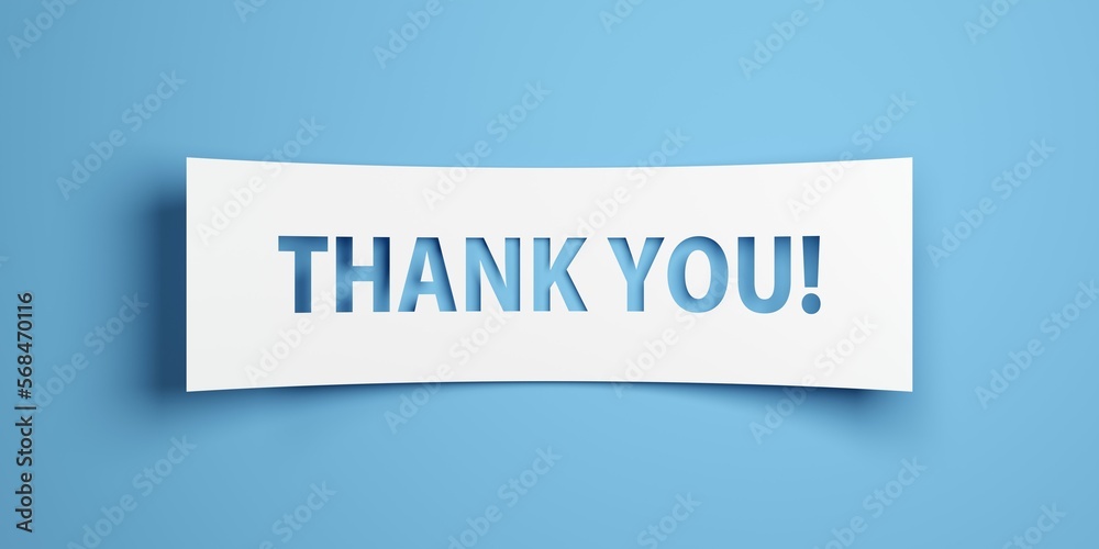 Thank you text on white paper cut out over blue background, gratitude ...