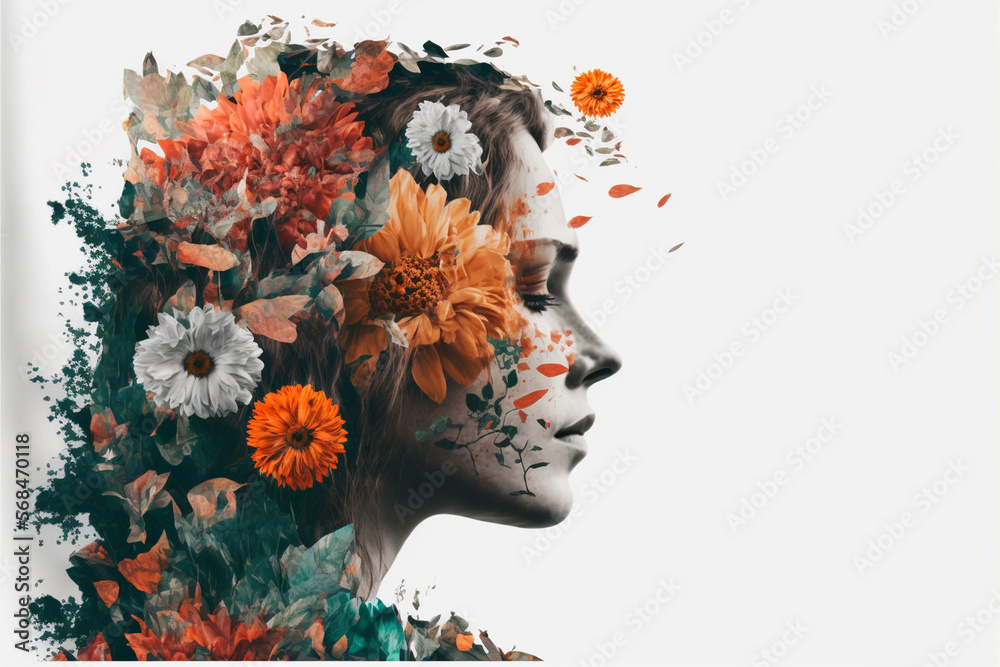 Abstract contemporary art collage portrait of young woman with flowers ...