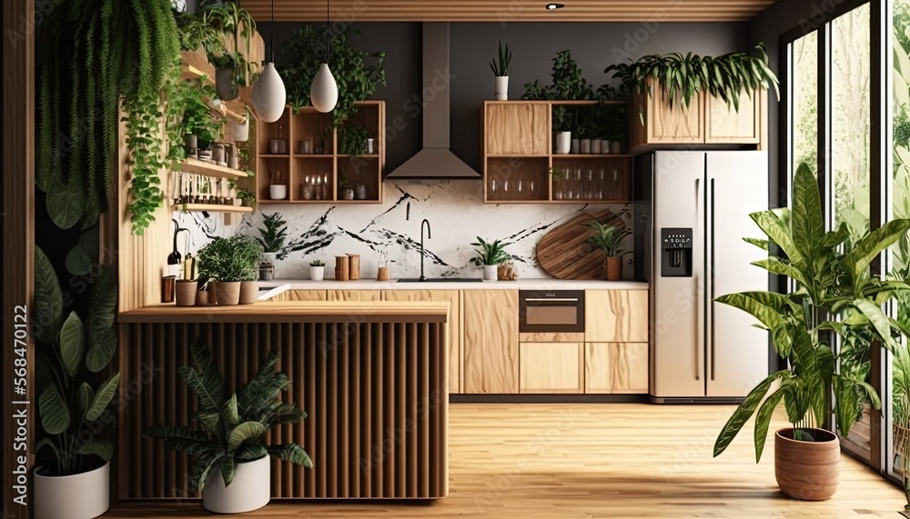 Modern kitchen interior made of natural wooden materials with tropical ...