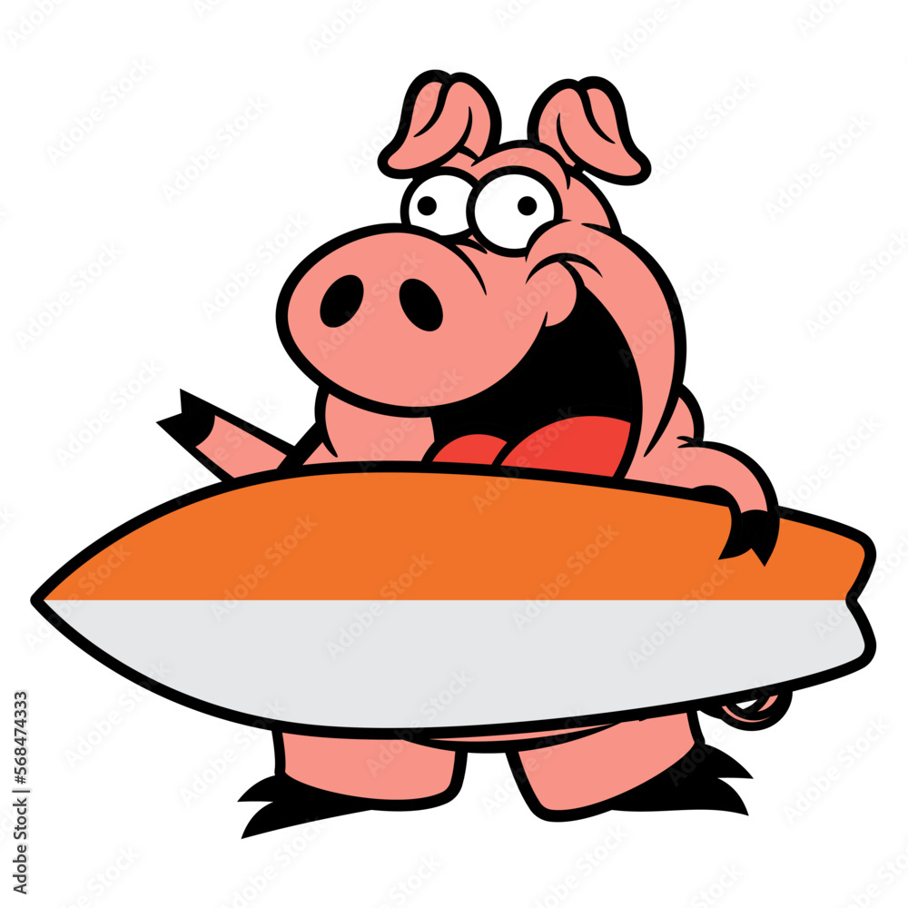 Cartoon illustration of Funny Pig carrying a surfboard. Best for ...