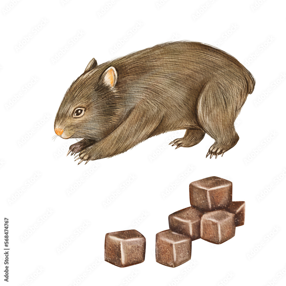 Hand drawn watercolor australian animals. Wombat and wombat poop cubes ...