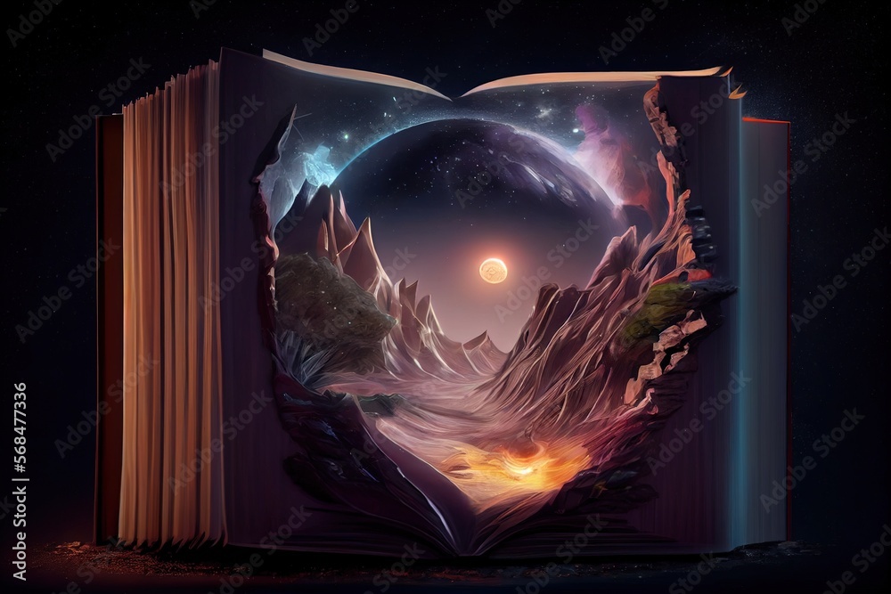 Generative AI illustration of book of knowledge, universe, fantasy epic ...