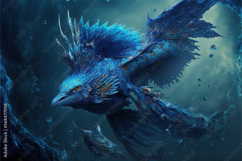illustration of a water dragon phoenix swimming in the deep of the ...